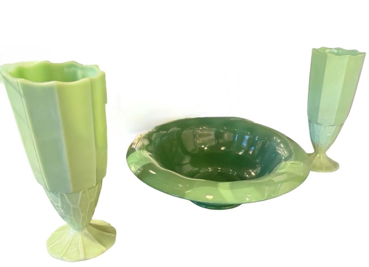 Art Deco Uranium Glass Vase and Bowl Set Attributed to Inwald or ...
